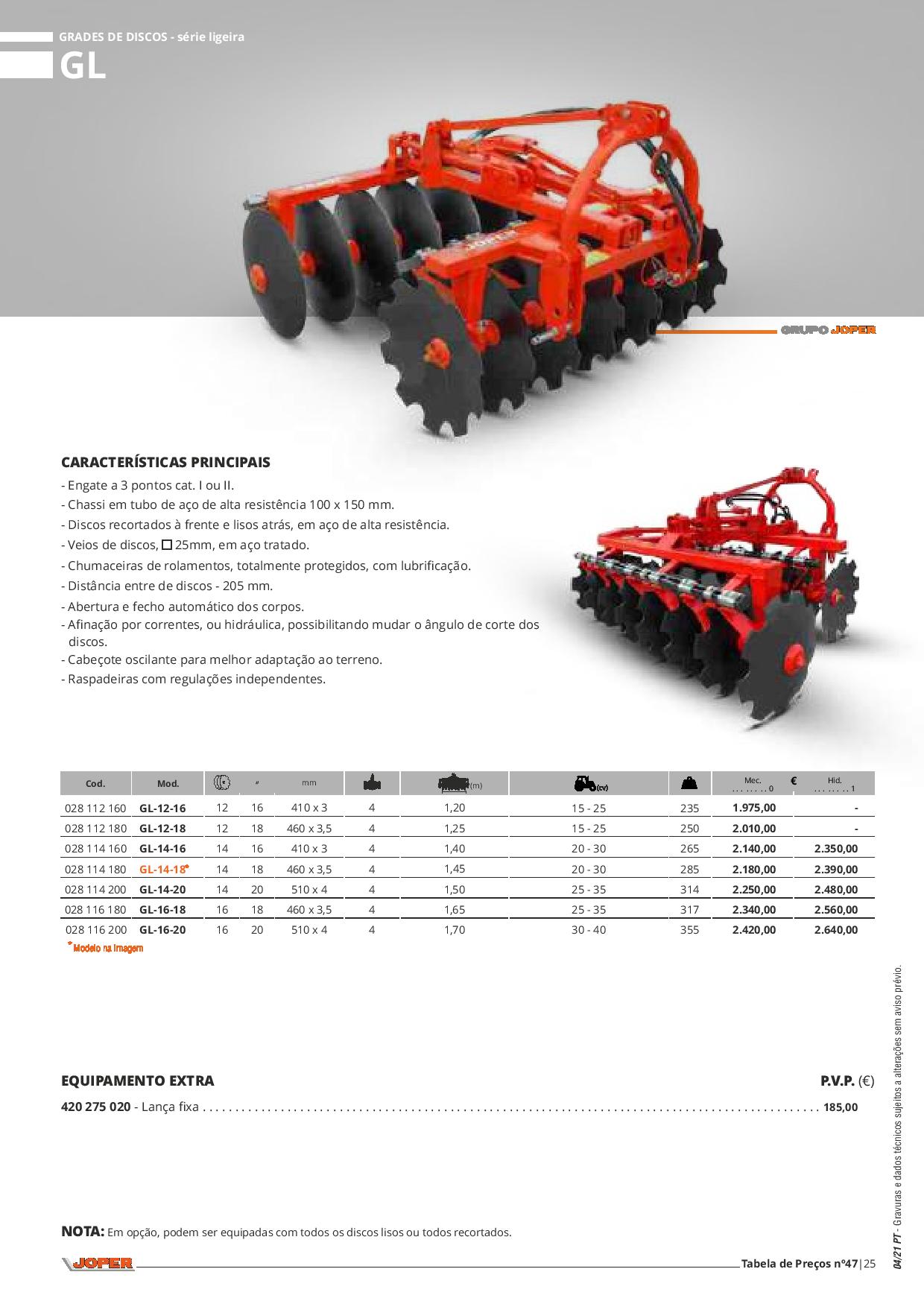 GRADES DE DISCOS JOPER GL SERIES - 15 A 40 CV - Fialhostore